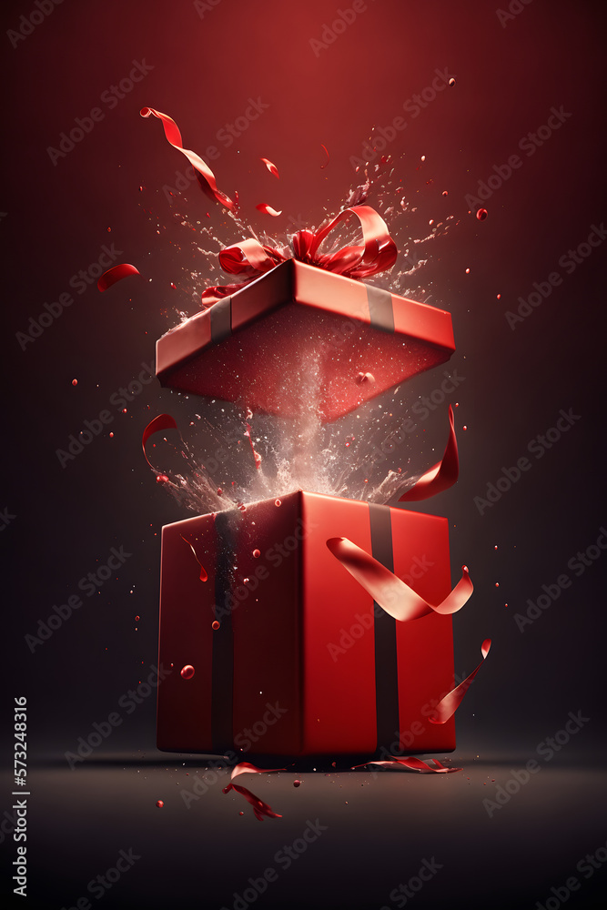 Open red gift box with light and splash effect on dark background ...