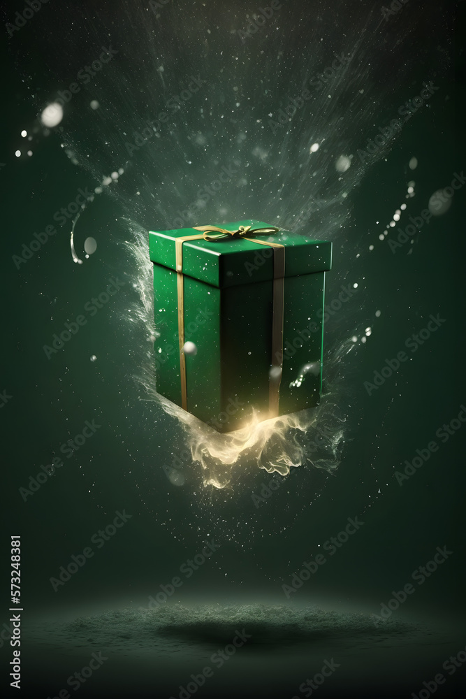Floating closed green gift box with golden ribbon and light effect ...