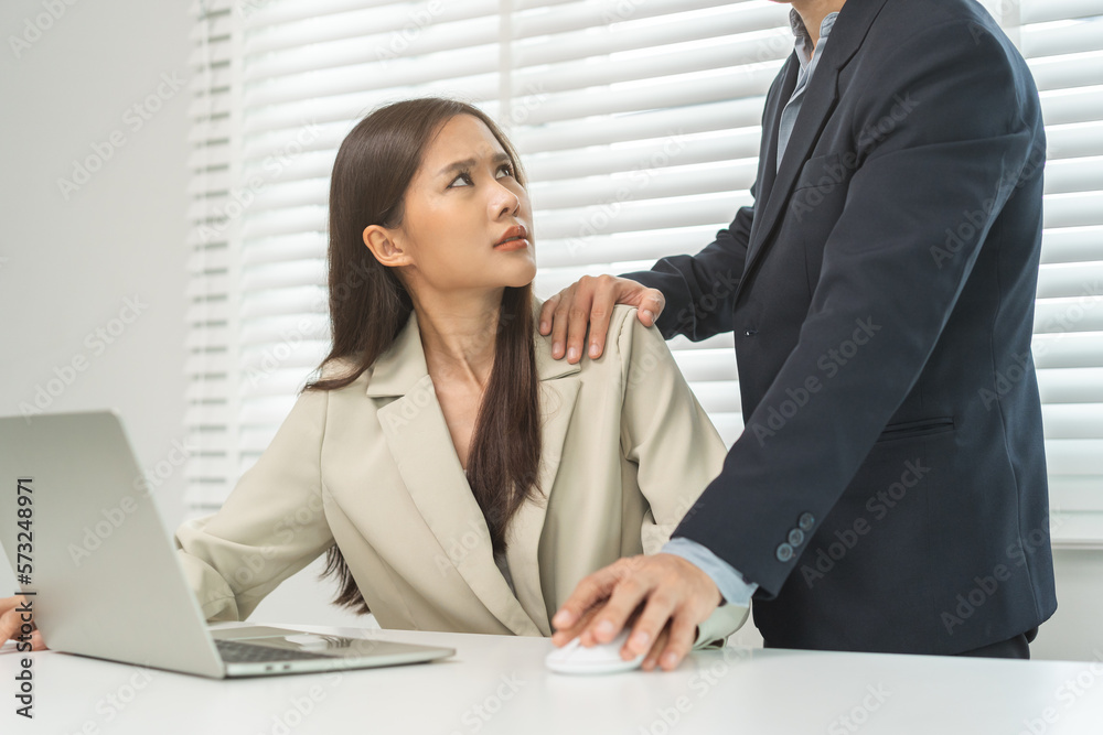 Disgusted asian young employee, pressure business woman uncomfortable ...