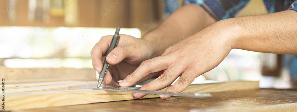 Carpentry professional, hand of asian young man, male carpenter use ...