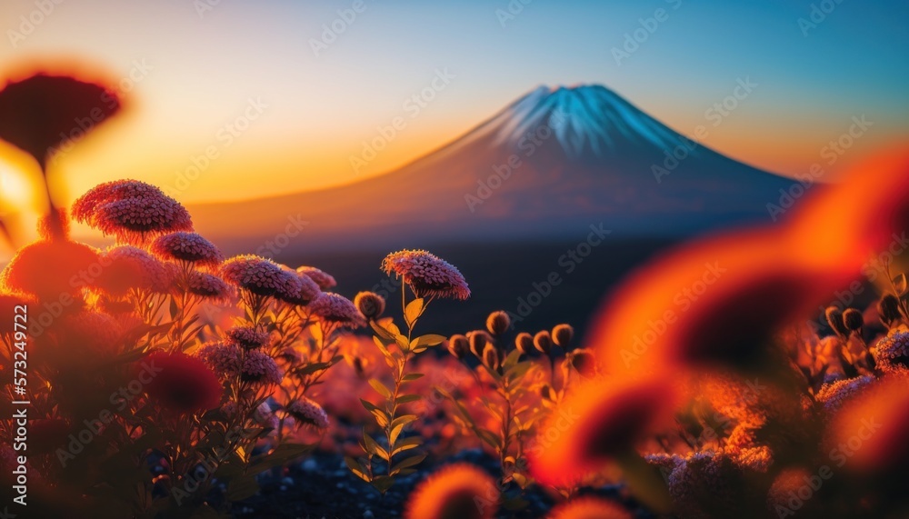 view of Mount Fuji with cherry blossom, and flowers at the lake in ...