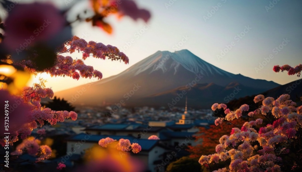 view of Mount Fuji with cherry blossom, and flowers at the lake in ...