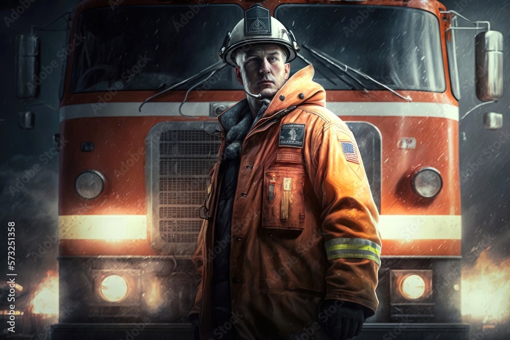 Male man fireman hero rescuer near fire truck. Brave person protection ...