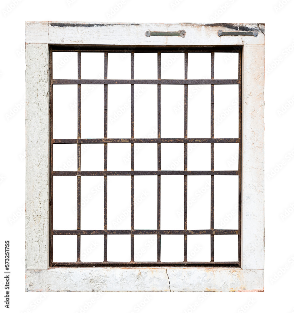 vintage square window with stone marble frame protected with metallic ...