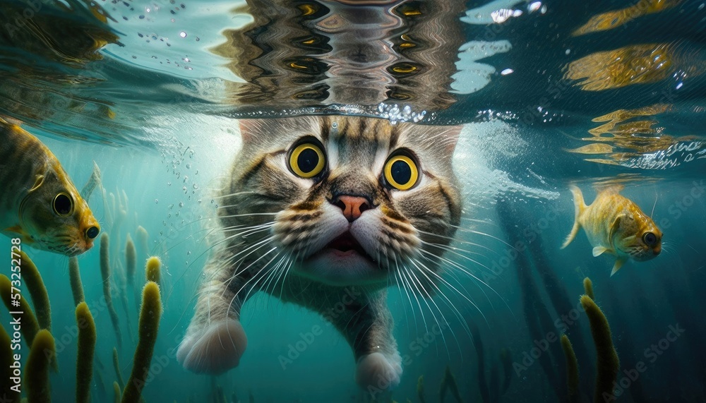 Cat underwater diving in aquarium with turquoise water, funny surprised ...