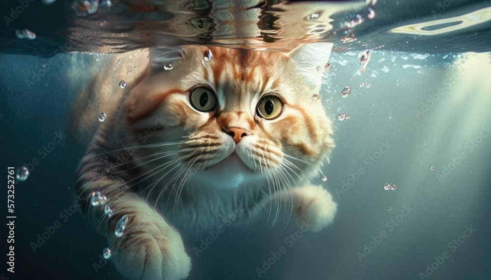Cat underwater diving in aquarium with turquoise water, funny surprised ...