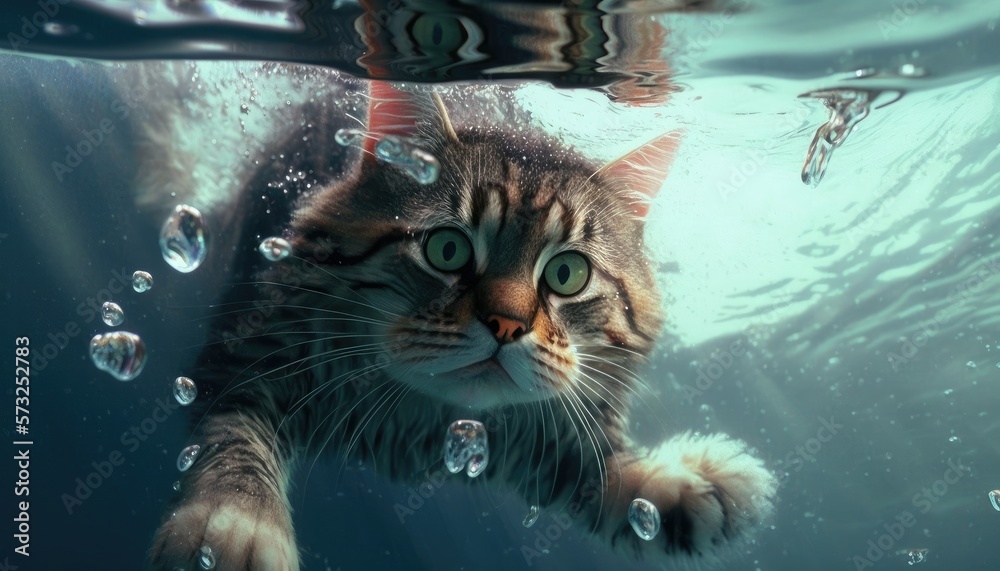 Cat underwater diving in aquarium with turquoise water, funny surprised ...