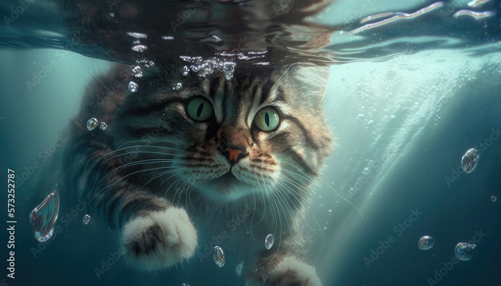 Cat underwater diving in aquarium with turquoise water, funny surprised ...