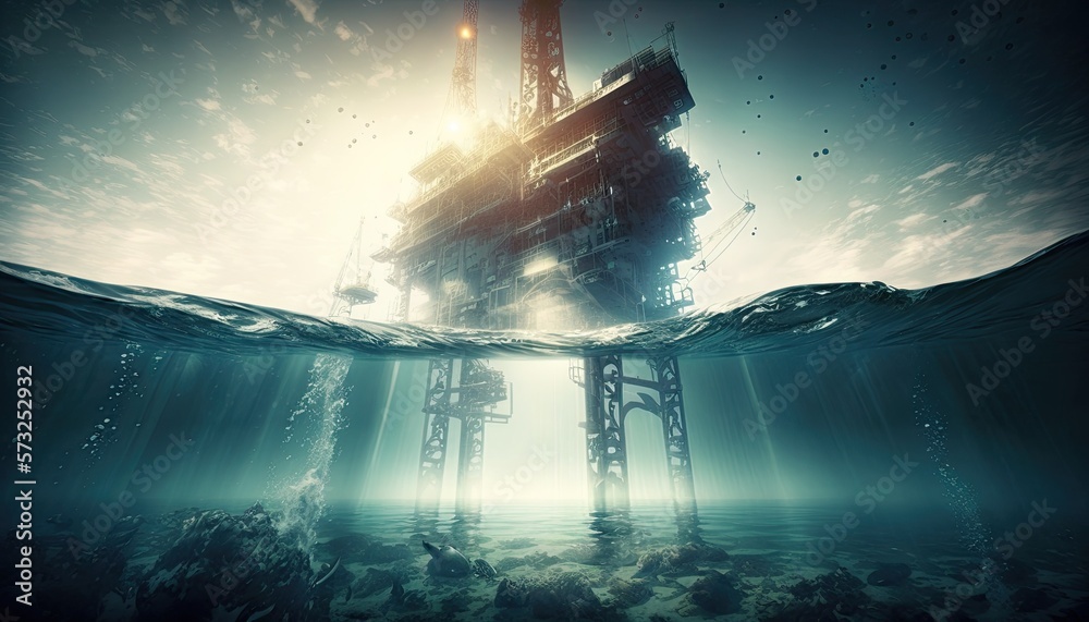 Oil rig platform in open sea on beautiful sunset, offshore oil ...