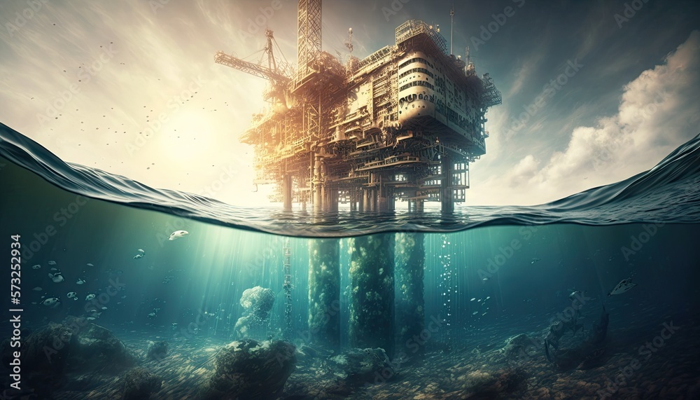 Oil rig platform in open sea on beautiful sunset, offshore oil ...