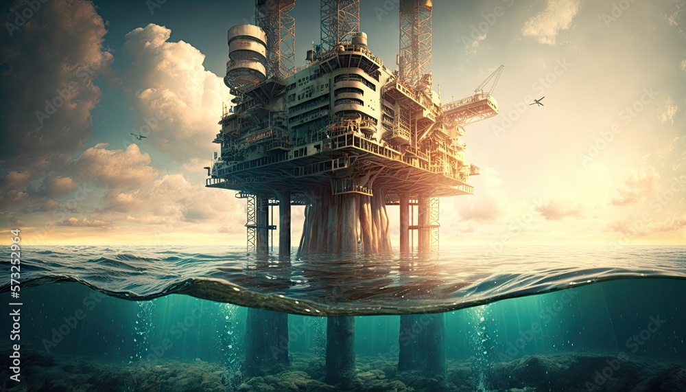 Oil rig platform in open sea on beautiful sunset, offshore oil ...