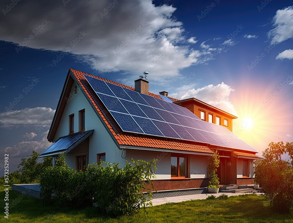 Rooftop solar panels on residential house roof at beautiful summer sun ...
