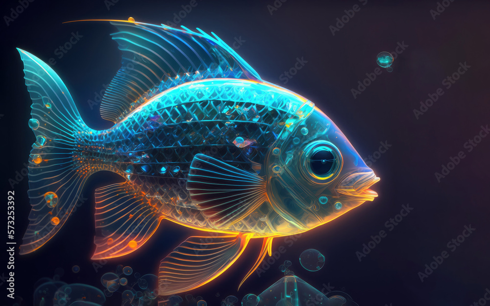 Translucent fish with neon glowing on dark undersea background ...
