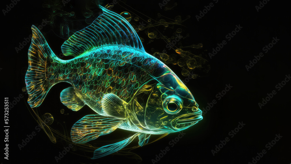 Translucent fish with neon glowing on dark undersea background ...