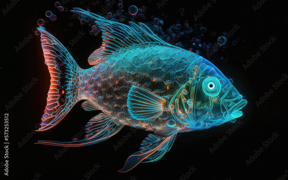 Translucent fish with neon glowing on dark undersea background ...
