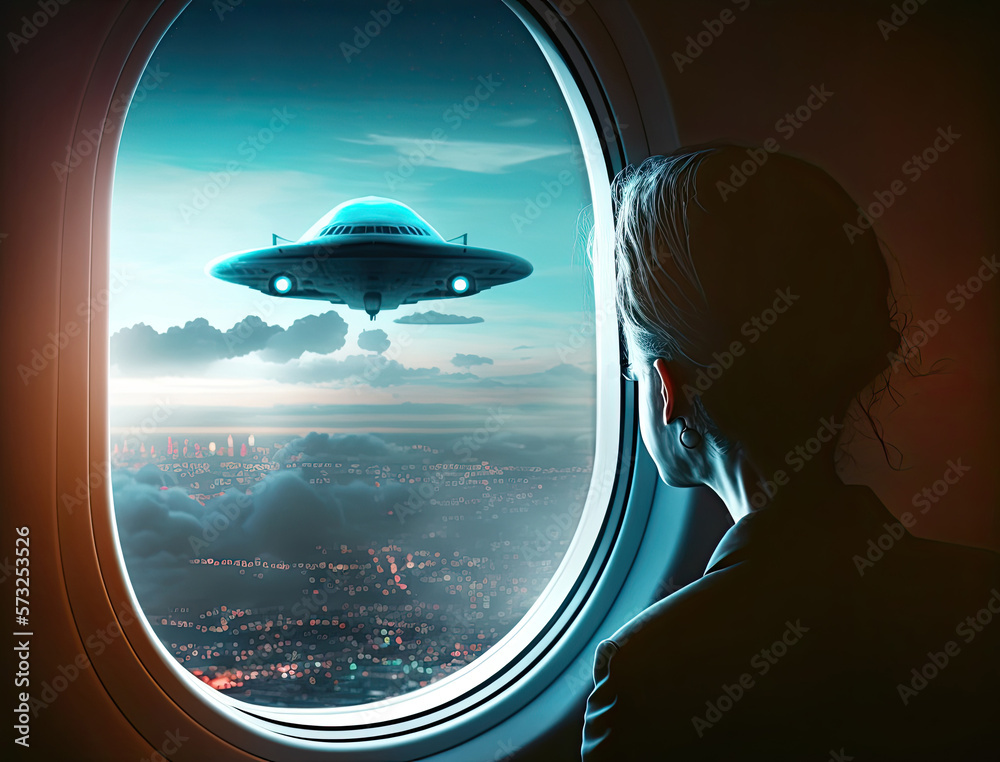 Woman looking through airplane window to UFO flying saucer above city ...