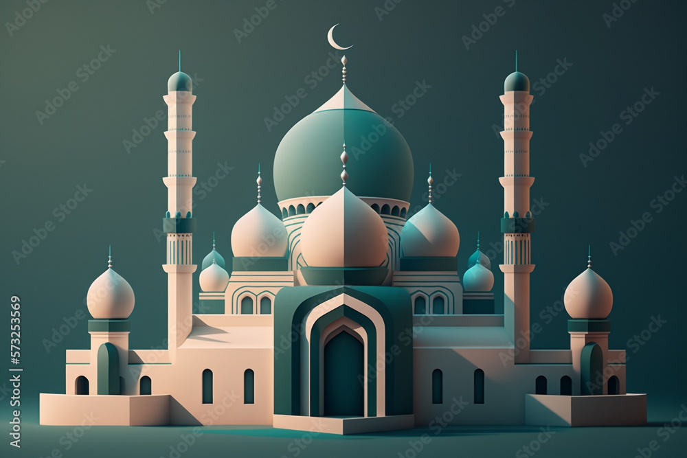 3D mosque against a solid background. Use traditional design elements ...