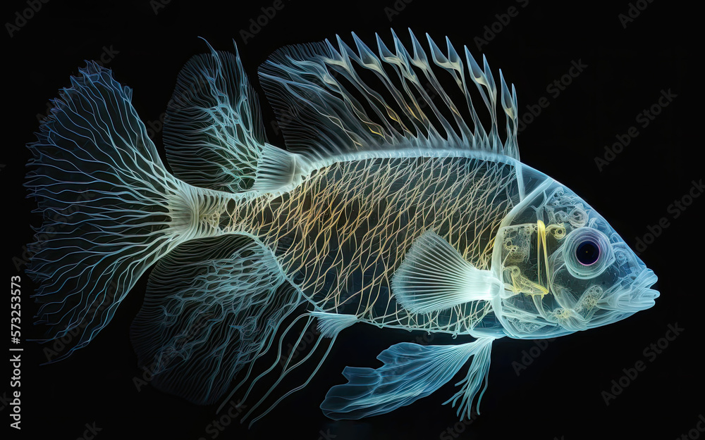 Translucent fish with neon glowing on dark undersea background ...