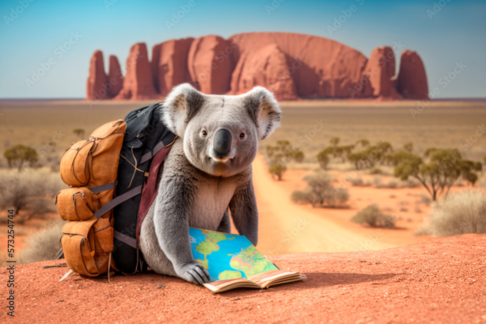 Koala on big adventure with backpack and map AI generated Content Stock ...