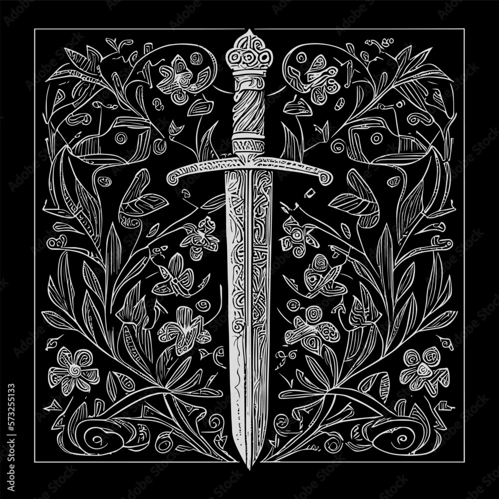 Elegant sword floral ornament line art drawing, featuring intricate ...