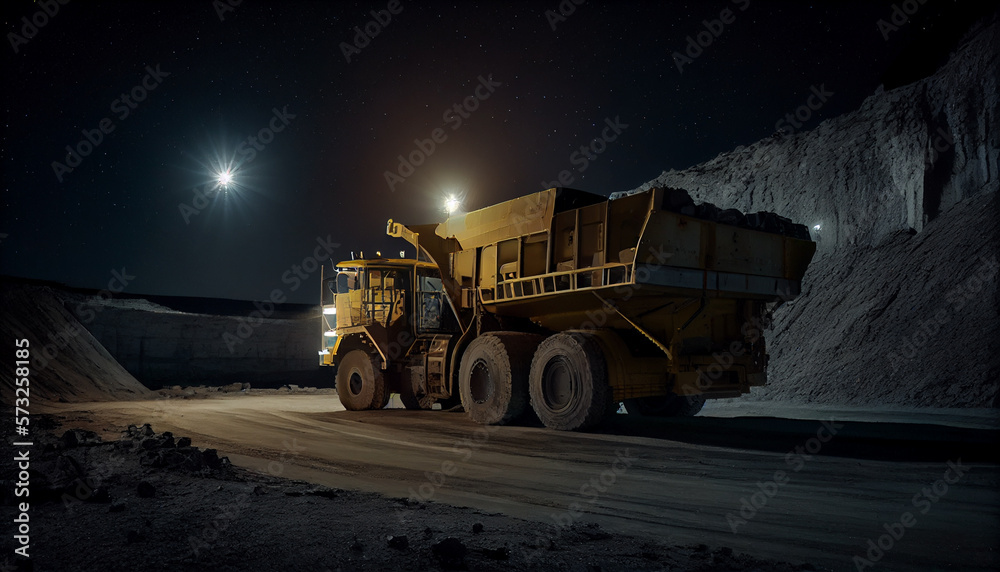 ภาพประกอบสต็อก Heavy mining dump truck during night loading of rock in ...