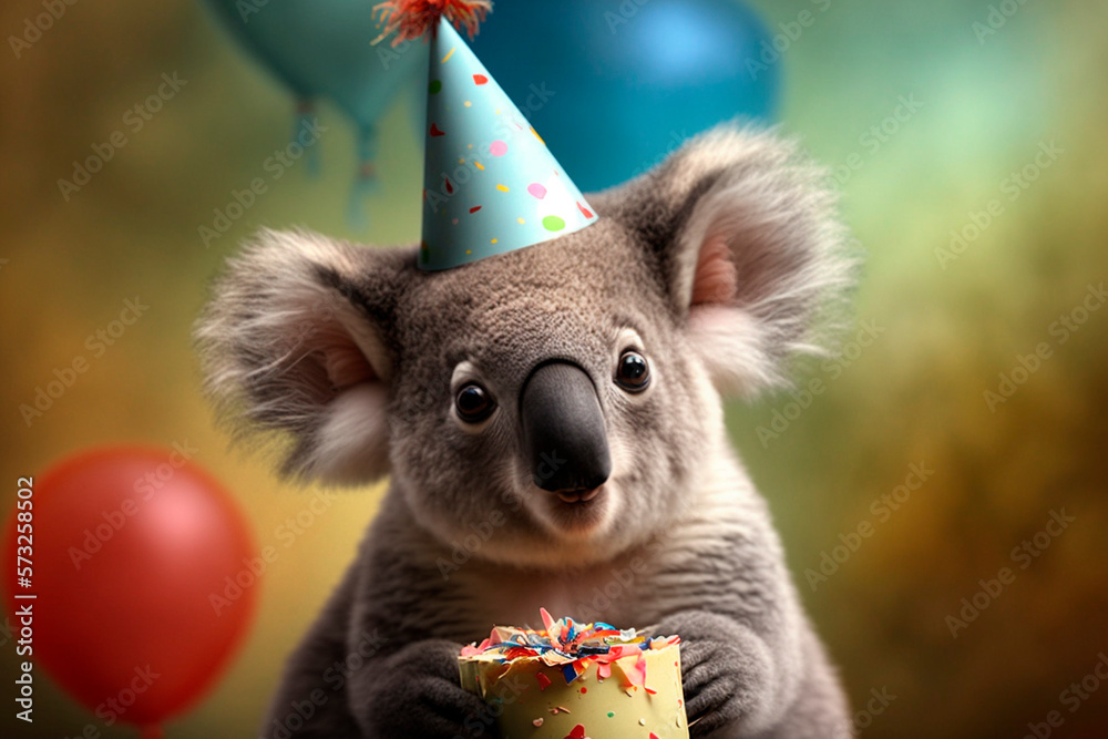 ภาพประกอบสต็อก Koala celebrates birthday party birthday card AI ...