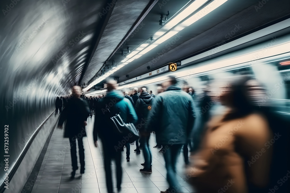 Crowd of people in the subway, a blurry background in motion. People ...