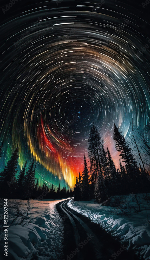 Breathtaking landscape with starry night sky and coniferous forest silhouette. Long exposure ...