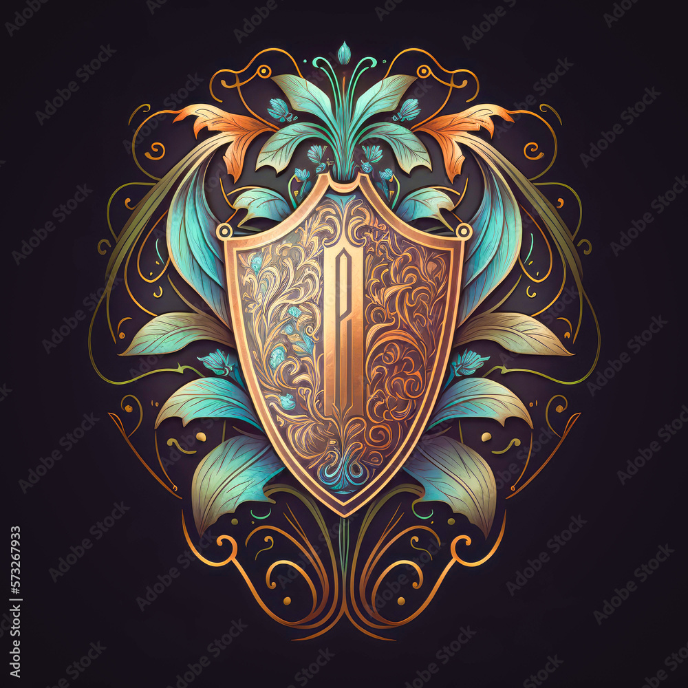 shield with flowers and leaves on it with mucha and art nouveau style ...