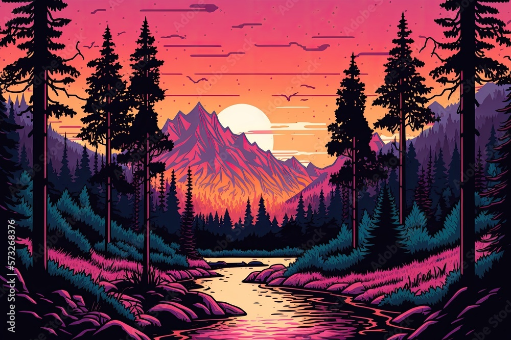 vaporwave comic book style illustration of a sunset over a beautiful ...