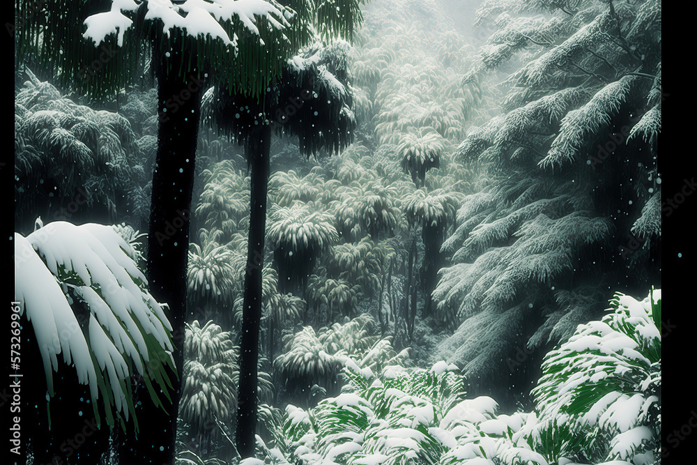 Illustration of frozen jungle or rainforest. Snow on tropical trees and ...