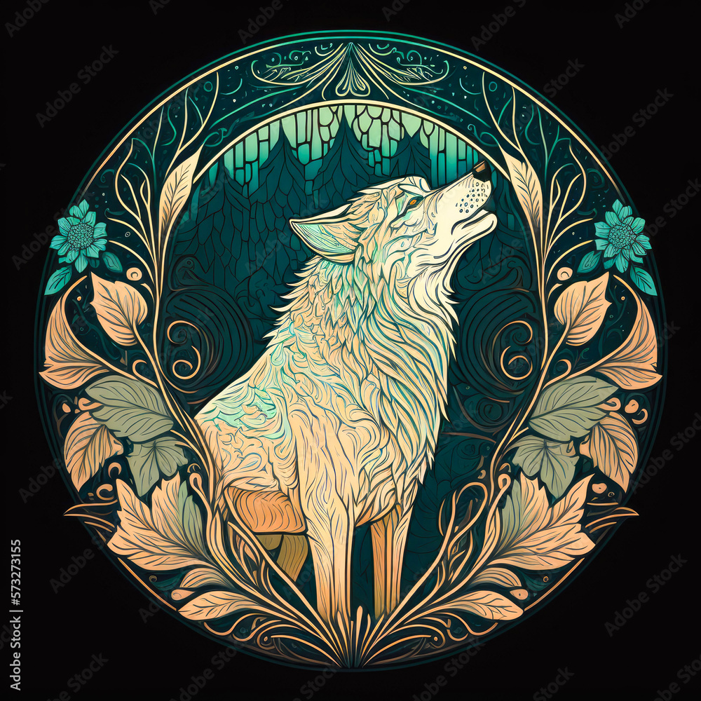 drawing of a wolf sitting in a circle with mucha and art nouveau style ...