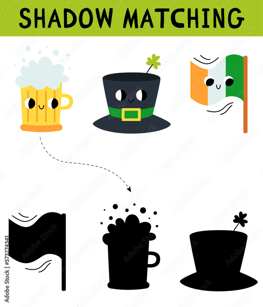 Cute St. Patrick's Day elements shadow matching activity for children ...