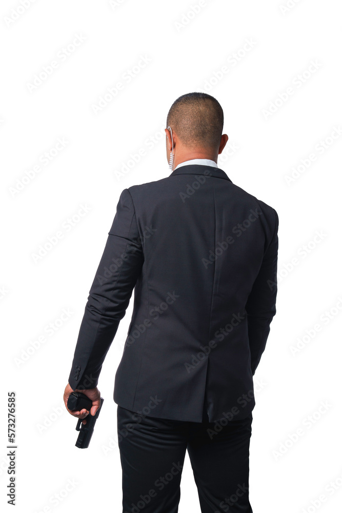A bodyguard wearing a black suit holds a pistol. On transparent ...