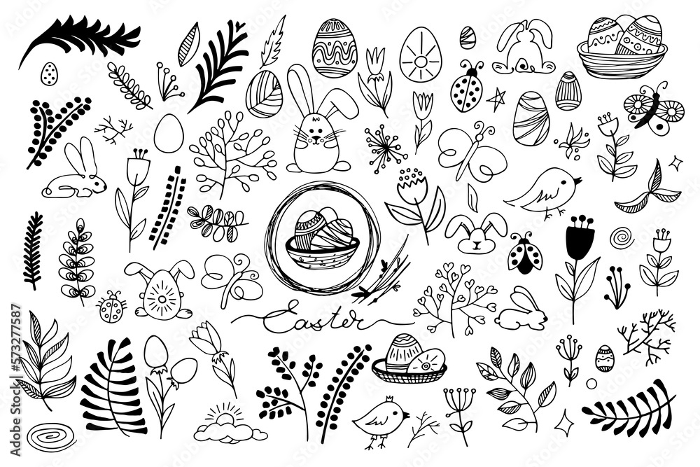 Vector hand drawn Easter pictures in doodle style. Line art ...