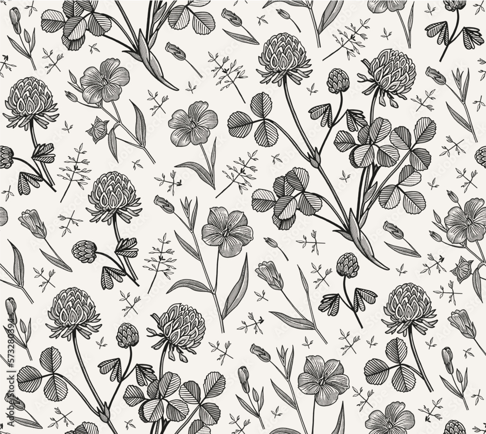 Seamless pattern. Linum Flax Clover wildflowers. Ireland. Beautiful ...