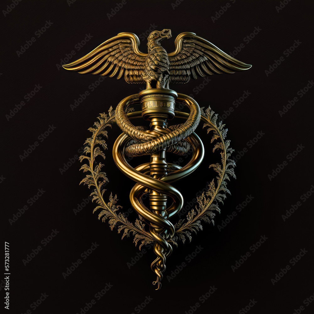 golden caduceus symbol on a black background, volumetric symbolic and ...