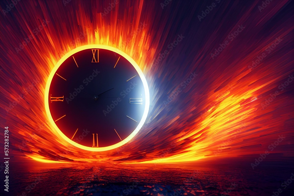 A clock that is in the middle of a fire and ice explosion with a black ...