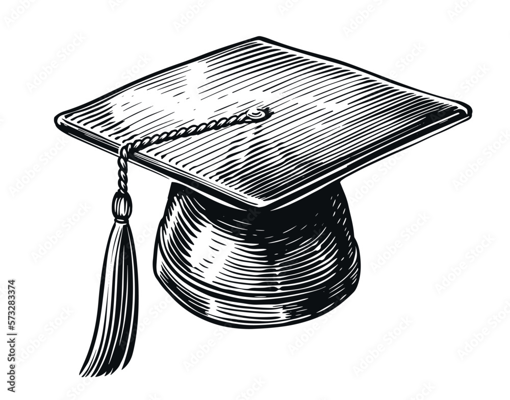 Graduation cap. Hand drawn student hat with tassel in sketch style ...