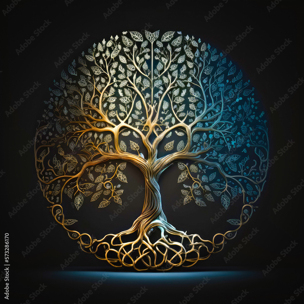 golden tree of life with a black background, volumetric symbolic and ...