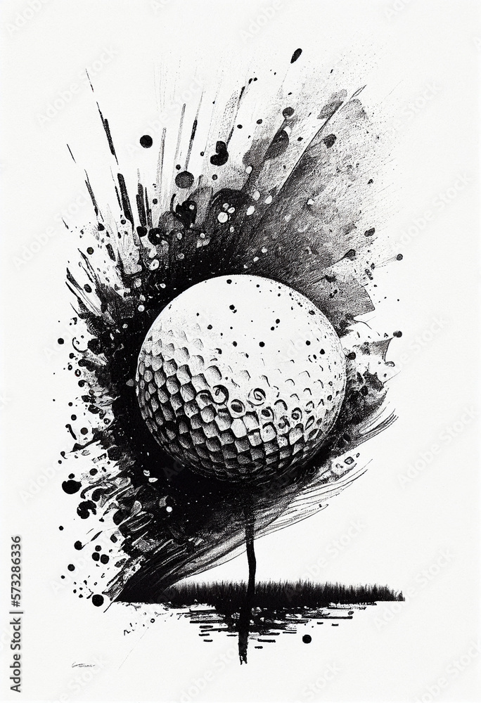 Dynamic golf sport ball monochrome ink drawing illustration on white ...