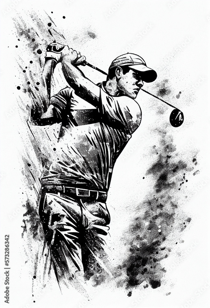 Dynamic golf sport player in action, monochrome ink drawing ...