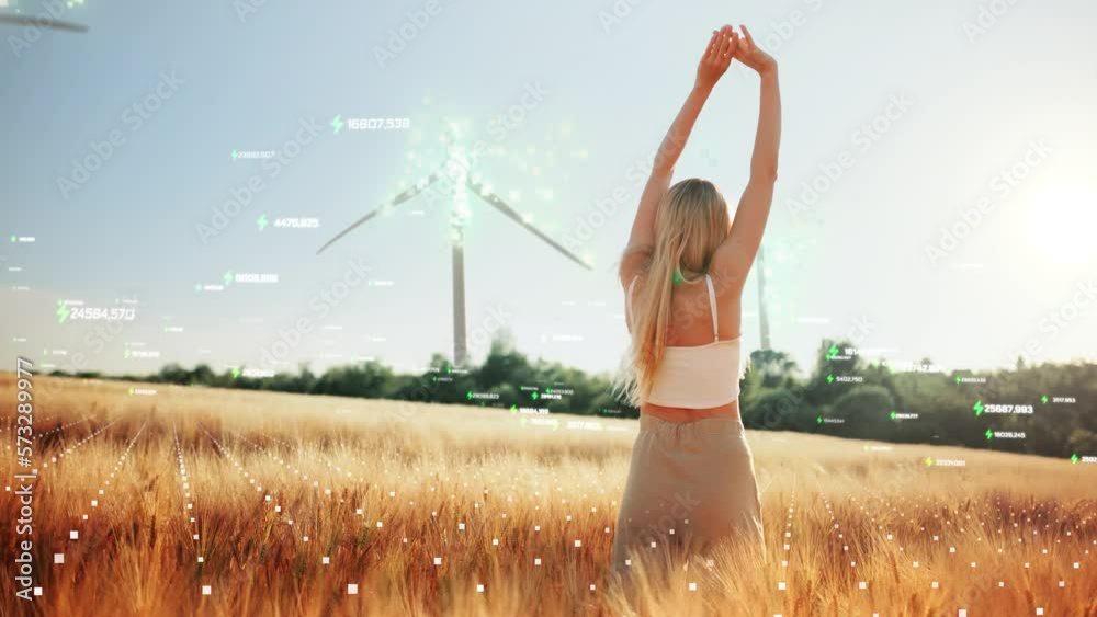 A young blonde woman with her hands up is welcoming a clean and ...