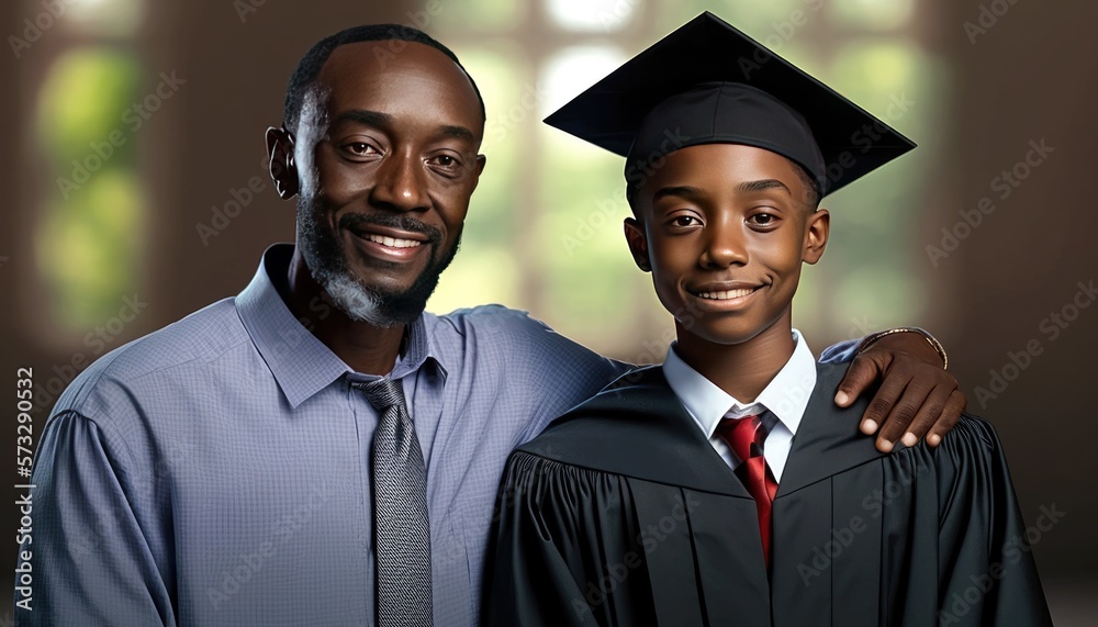 Proud black father with son in graduation cap and gown created with ...