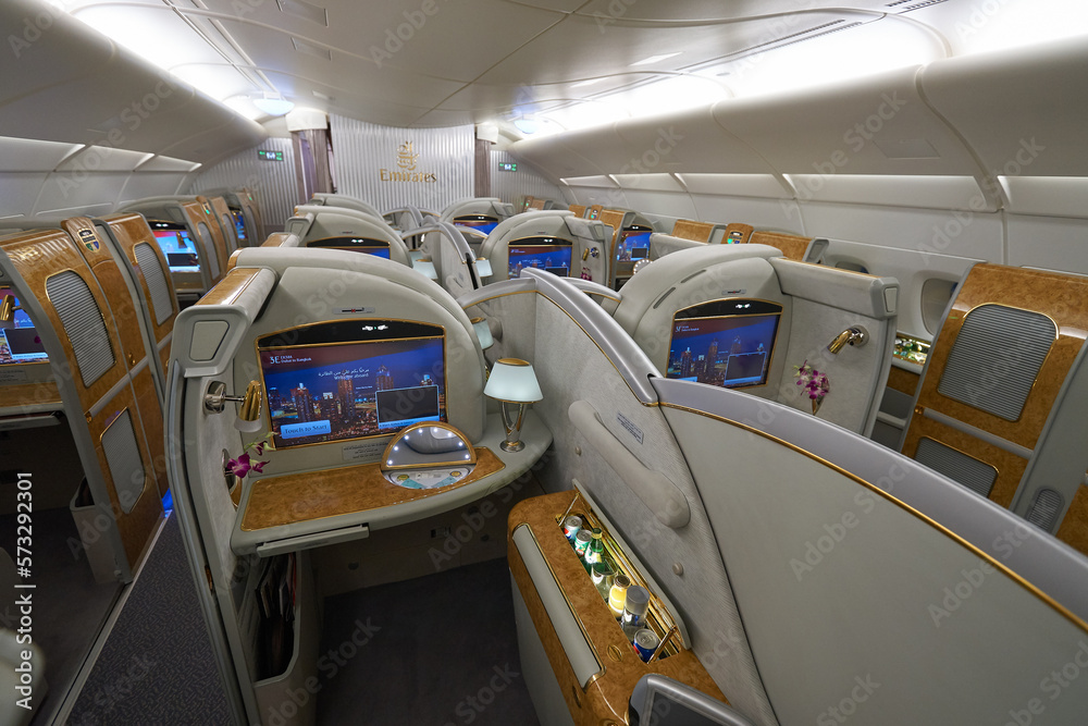 BANGKOK, THAILAND - CIRCA MARCH, 2015: Emirates Airbus A380 first class ...