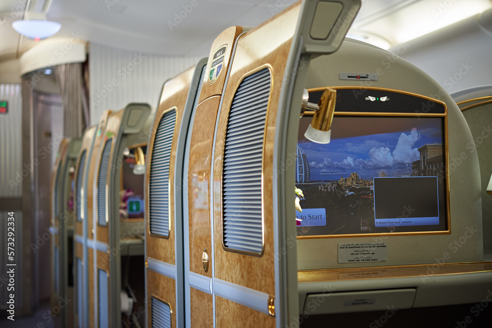 BANGKOK, THAILAND - CIRCA MARCH, 2015: Emirates Airbus A380 first class ...