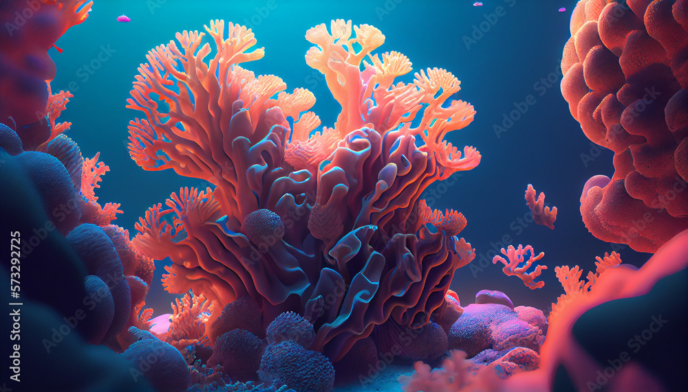 Colorful coral reef of under deep dark water of sea ocean environment ...
