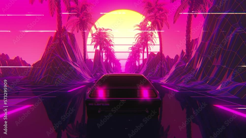 Retro futuristic 80's vaporwave outrun car. Driving in a low poly Miami ...