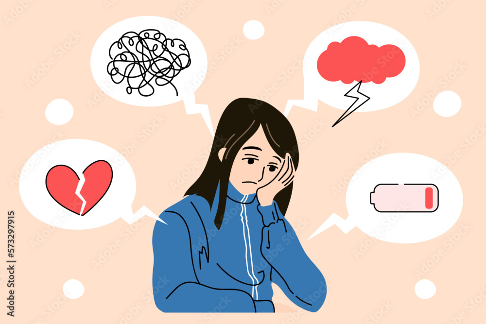Upset girl surrounded by symptoms of depression disorder. Young woman ...