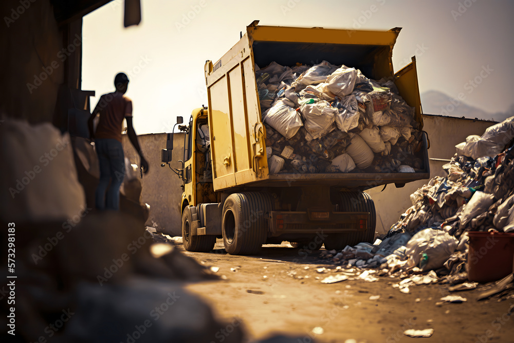 Landfill waste disposal. Industry garbage truck unloads rubbish in dump ...